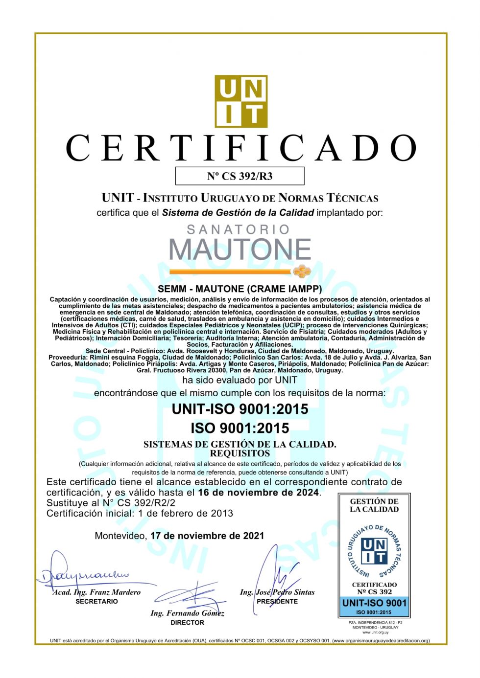 Certificación UNIT-ISO 9001 | Mautone